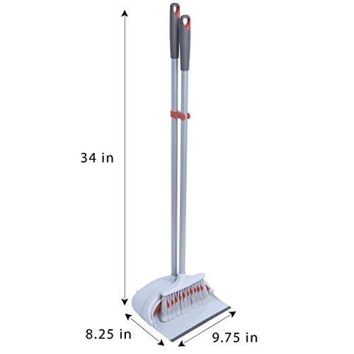 Smart Design Dustpan Broom Set - Non-Slip Comfort Grip Handle - Standing Upright Storage - Odor Resistant - Cleaning, Hardwood, Tile, Cement, Flooring and Pet Hair - 38.5 inch - Gray and Sunset Orange