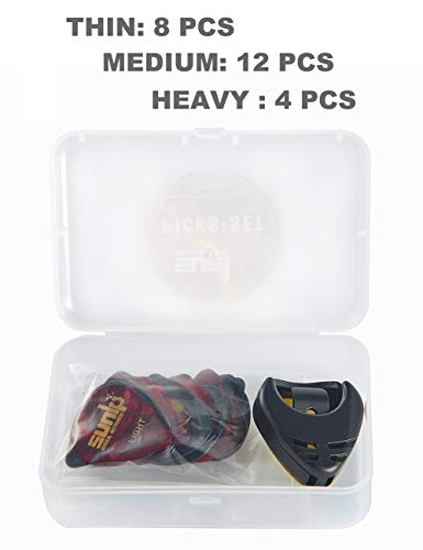 Premium Guitar Picks 24pcs Thin Medium Heavy Gauge Variety Pack with Picks Holder Plastic Picks Box SUNLP Celluloid Guitar Picks for Acoustic Classical Electric Guitar Bass 0.46mm & 0.71mm & 0.96mm