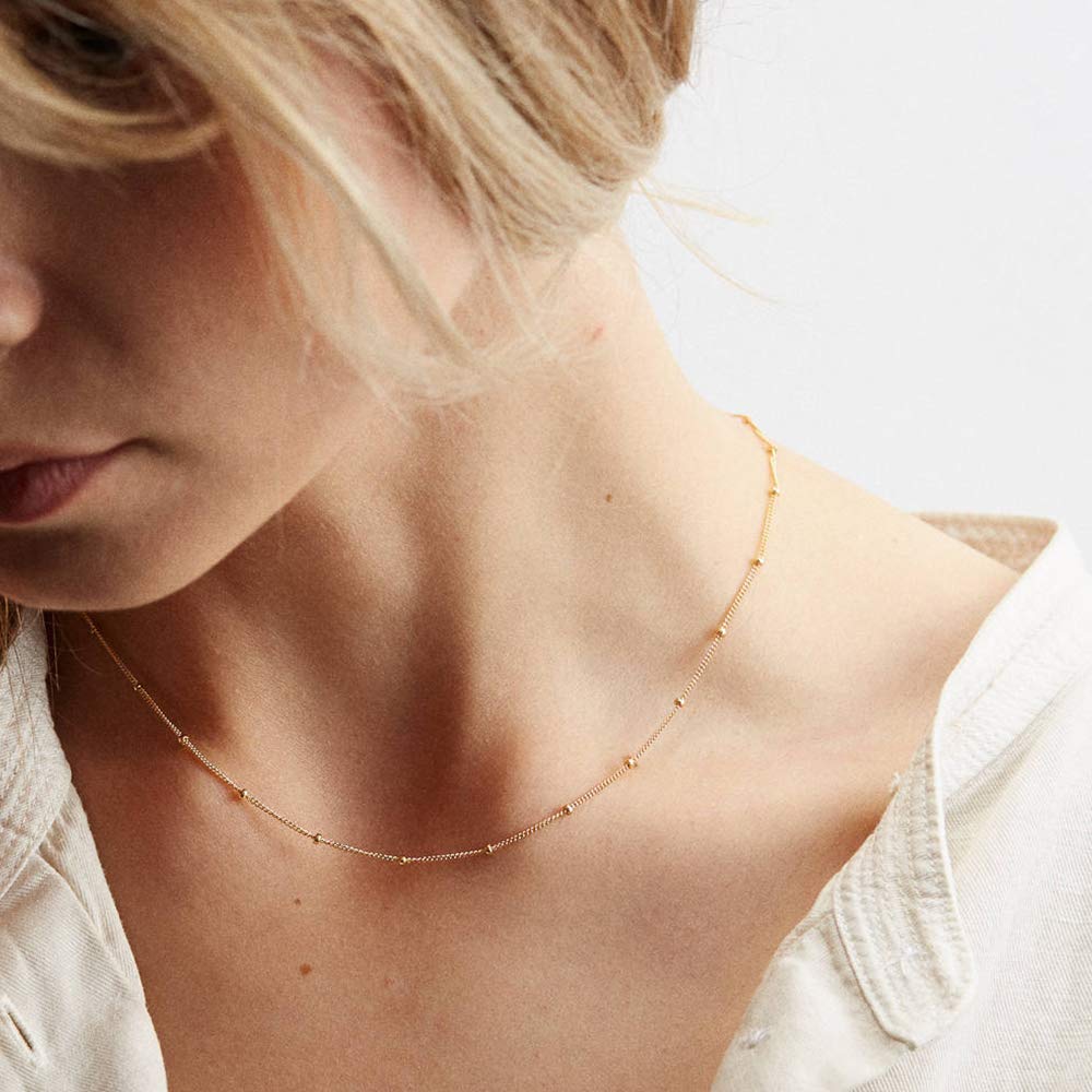 MILACOLATO Danity Gold Choker Necklace 18K Gold Plated Sterling Silver Tiny Delicate Bead Satellite Chain Necklace, Yellow Gold