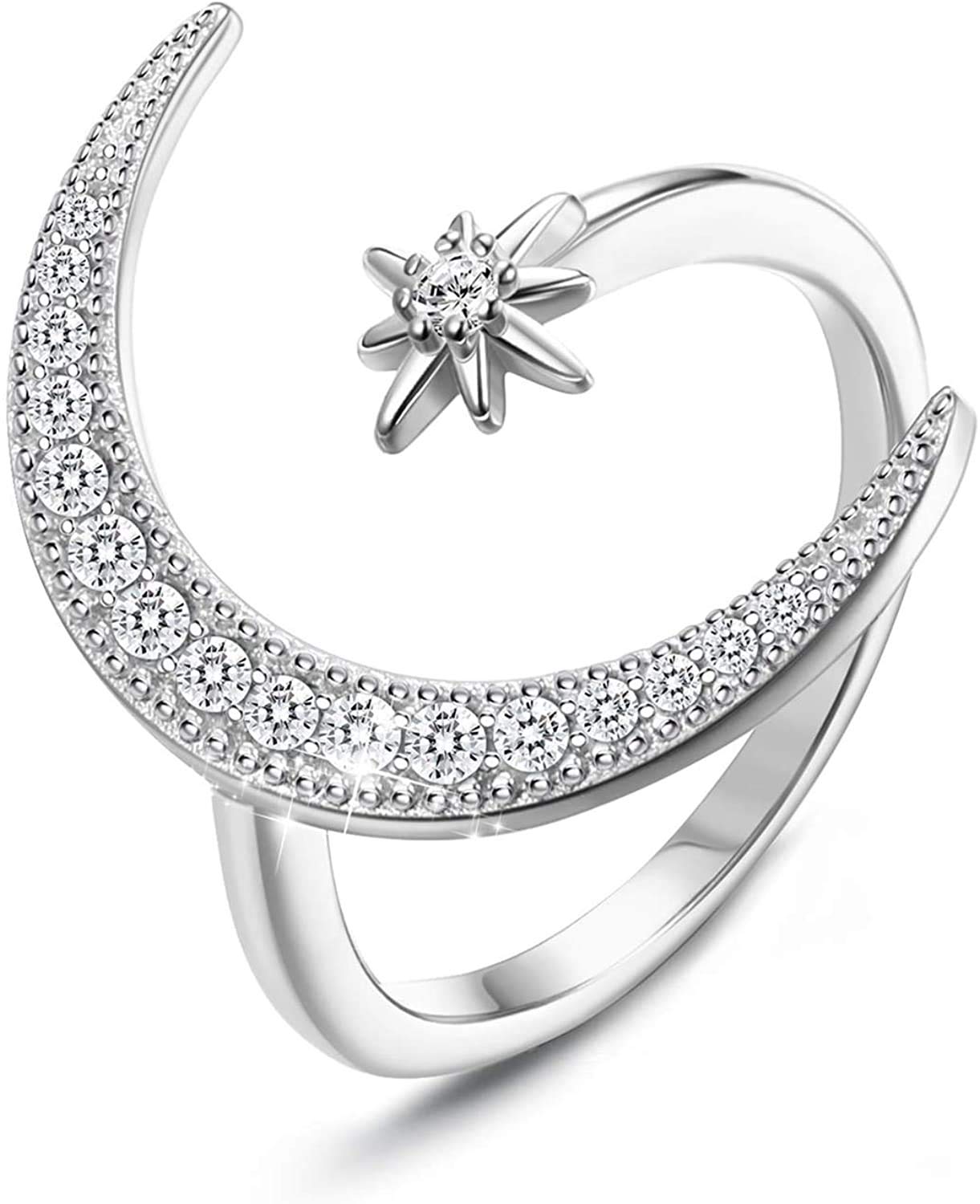 MILACOLATO Sterling Silver Moon Rings for women Adjustable Platinum Plated 5A Cubic Zirconia Crescent Moon Star Rings