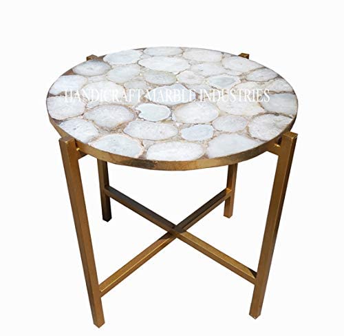 White Agate Round Table With Stand, Agate Stone Table With Stand, Round White Agate Side Table 24" Inch, Piece Of Conversation, Family Heir Loom