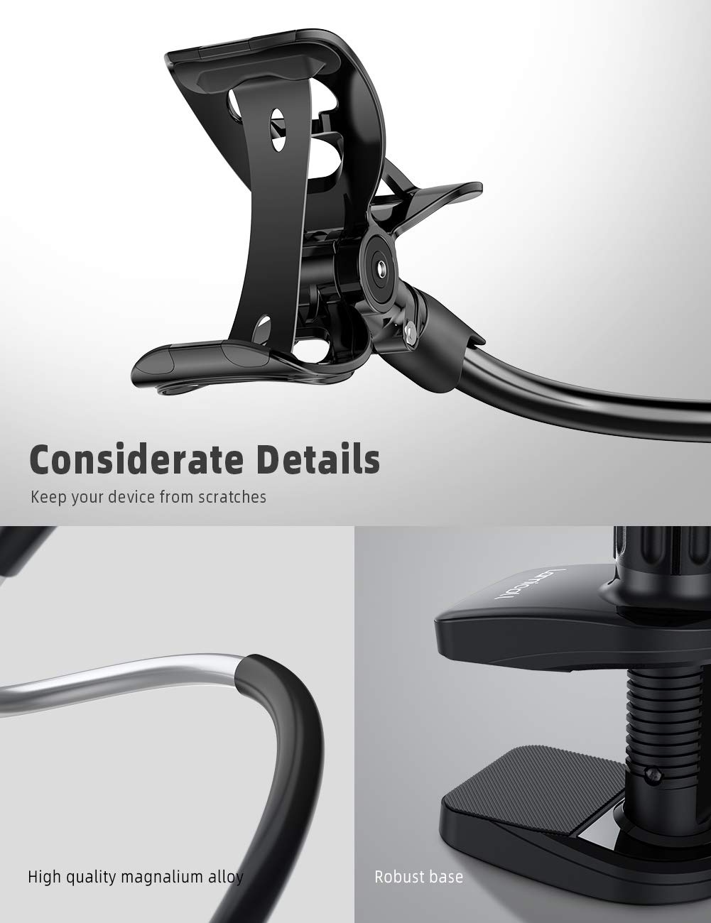 Lamicall Phone Holder Bed Gooseneck Mount Flexible Arm 360 Mount Clip Bracket Clamp Stand for iPhone 15 Pro Max, 15 Plus, 14 Pro Max, 13 Mini, 12 S10 S9 S8 S7 S6, Overall Length 33.4In(Black)
