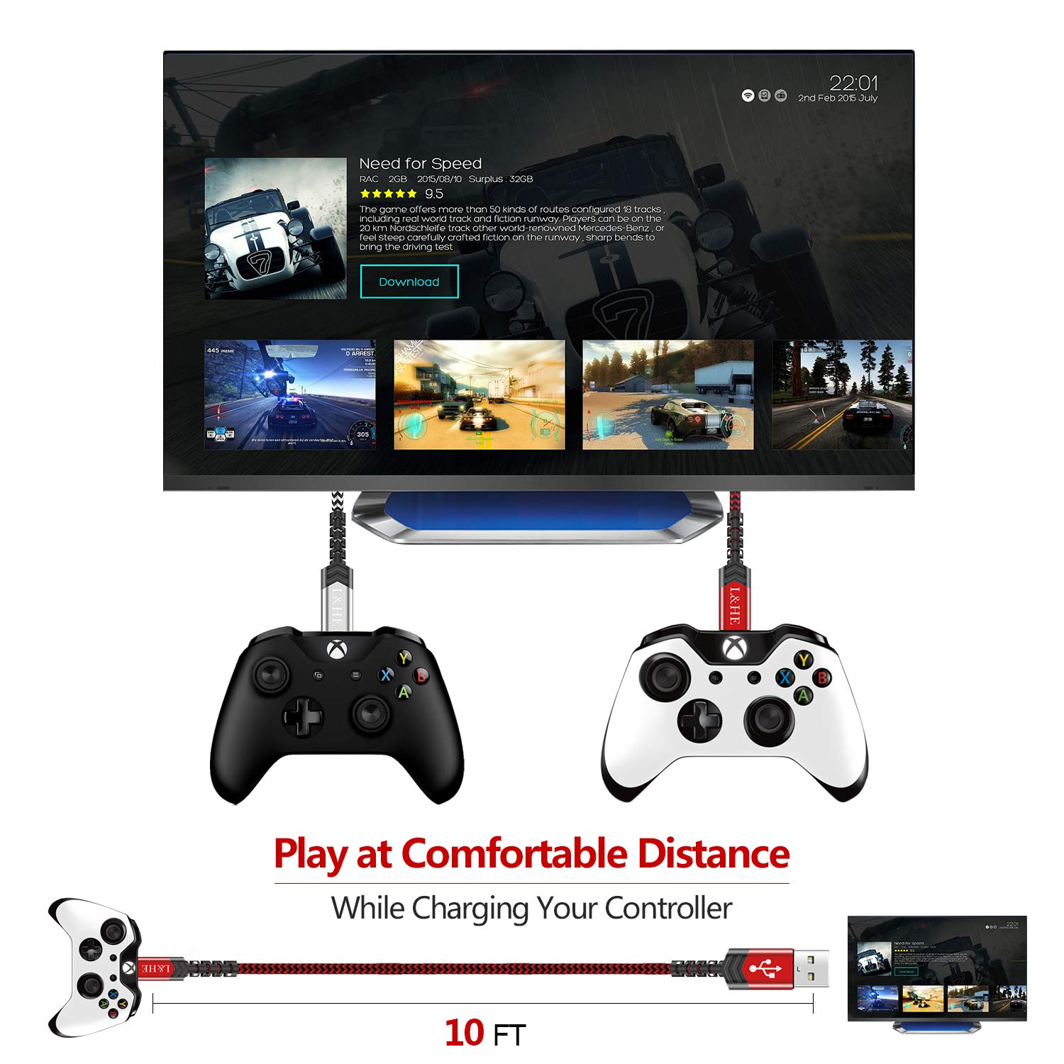 L&HE 2 Pack 10FT Charger Cable Compatible with PS4 Slim/Pro, Xbox One S/X Controller, and Android Phones (Red & White)