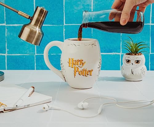 Silver Buffalo Harry Potter Hogwarts House Crest Sculpted Owl Handle Coffee Ceramic Mug, 20 Ounces White