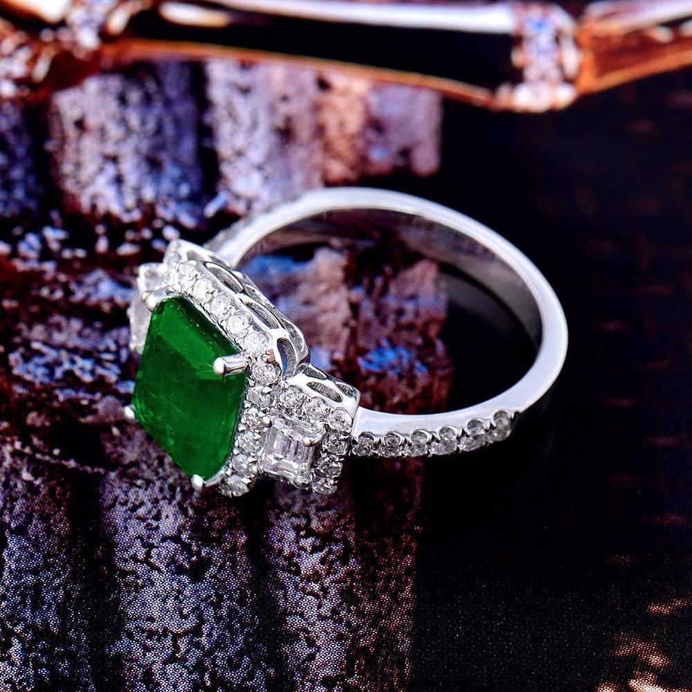 Lanmi Beautiful Natural Green Emerald Diamonds Engagement Ring Solid 14K White Gold Wedding Rings for Ladies Women Promotion