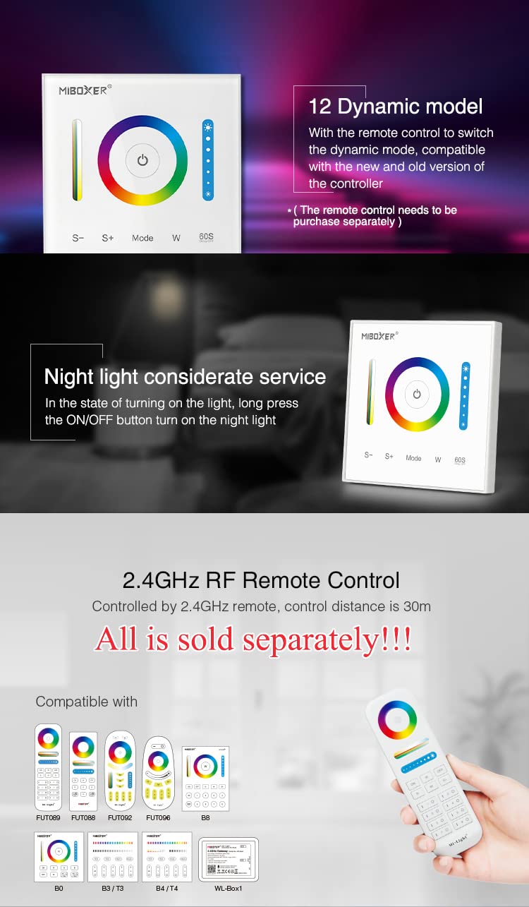 LGIDTECH P3 Miboxer Wall-Mounted Full Touch Panel Controller for 3528 5050 2835 RGB RGBW RGB+CCT Dimmable Color Changing LED Strip Lighting DC 12-24V 10A 120W 240W.Support Voice and DMX512 Control