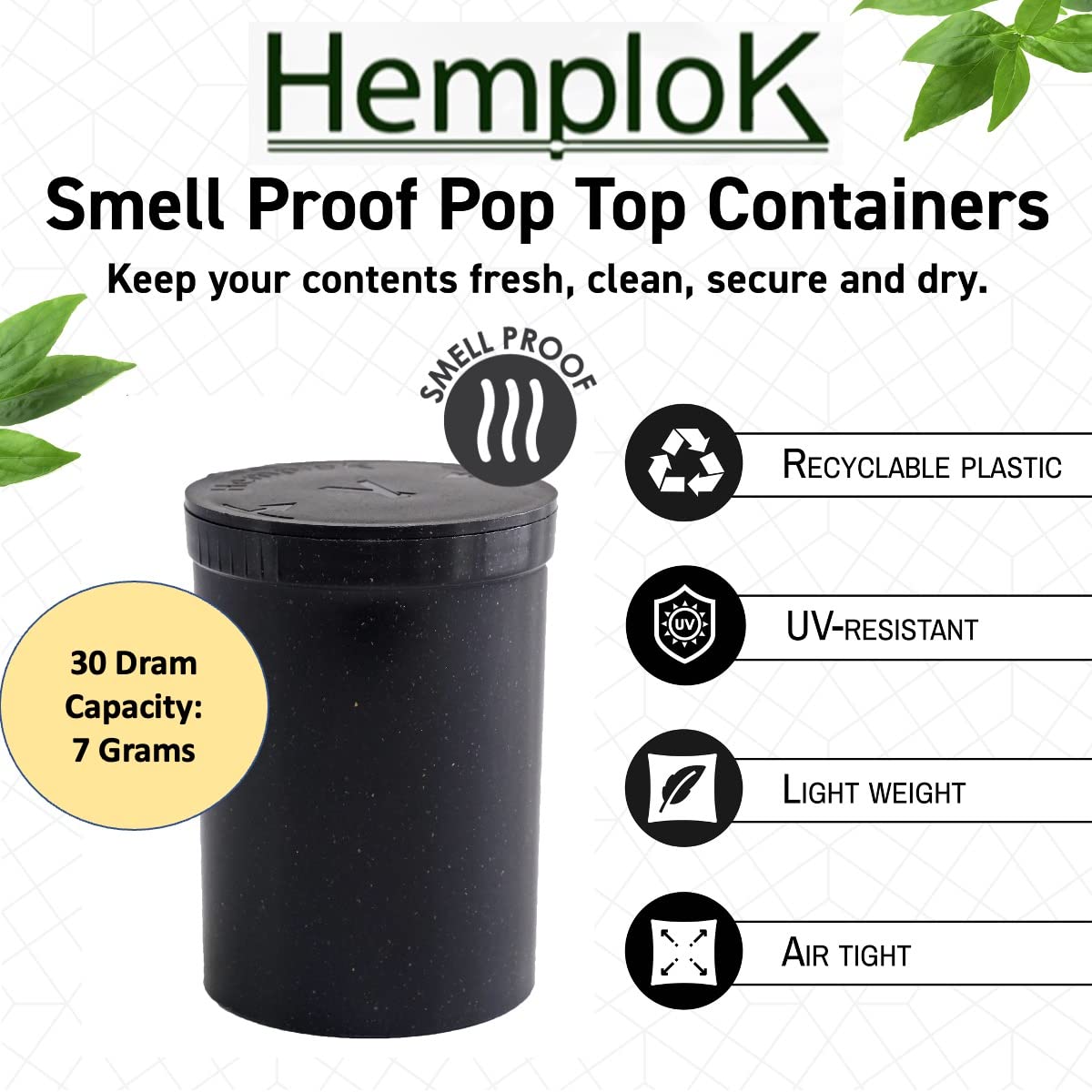 Pop Top Containers by HemploK | 500 Pack of 30 Dram Airtight Storage Containers with Child Resistant Lid | Hemp-Plastic Reusable Waterproof Smell Proof Containers | 7 g [1/4 oz] Pop Top Pill Bottles