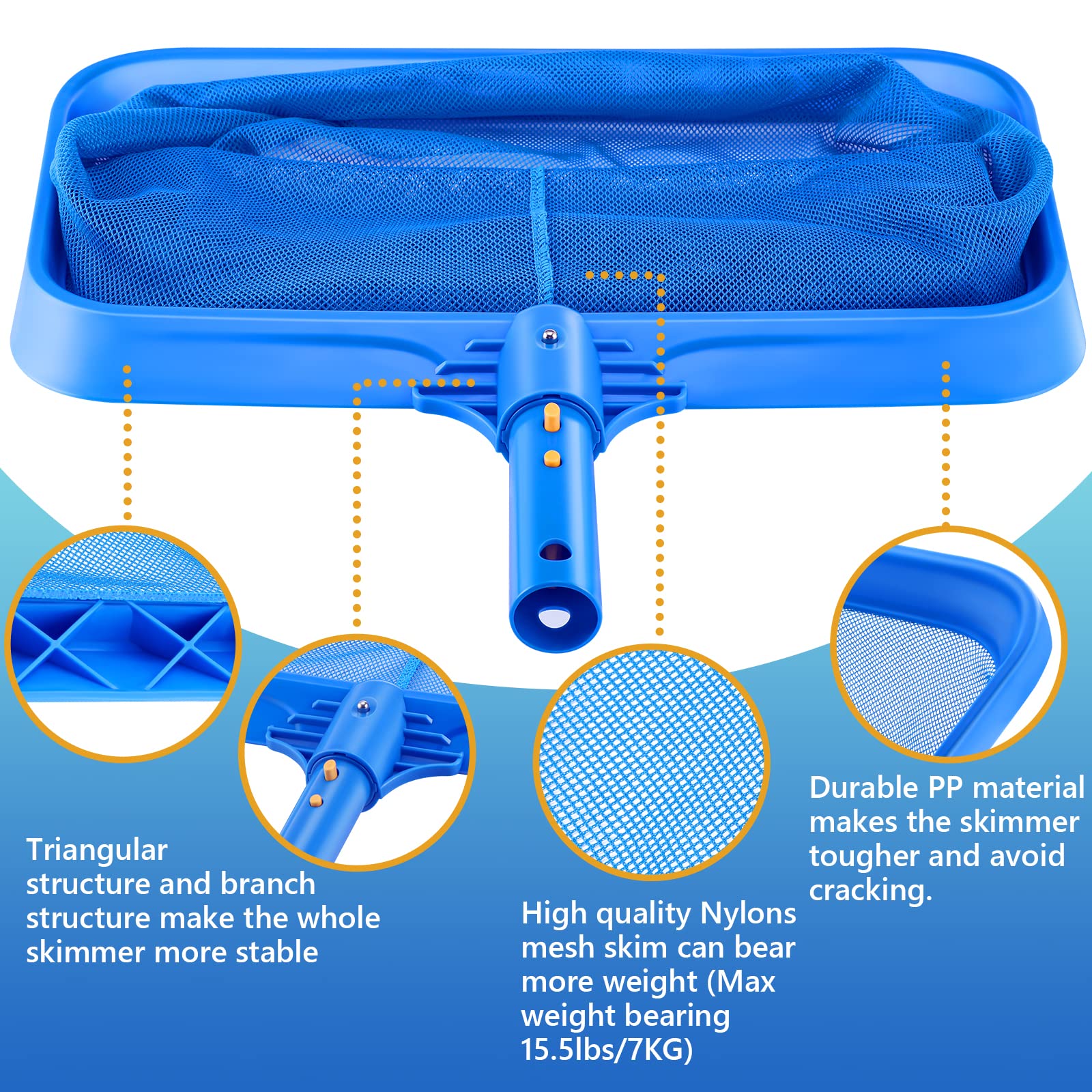 SORSWEET Pool Rake, Heavy Duty 17" Leaf Skimmer Net, Including EZ-Clip, Deep Bag Catcher, Pool Net for Cleaning Pool, Fits Standard 1-1/4" Pole, Pole Not Included