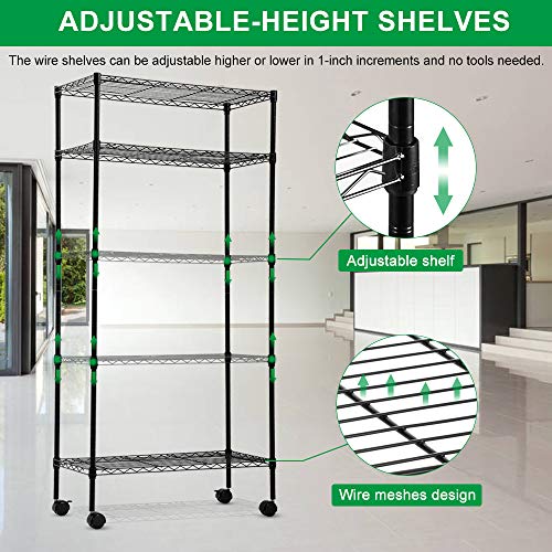 Wire Shelving Unit Storage 5 Tier Metal Shelving Unit NSF Heavy Duty Shelves Height Adjustable Garage Shelving 14" W x 30" L x 60" H with Wheels Large Steel Commercial Shelving Black