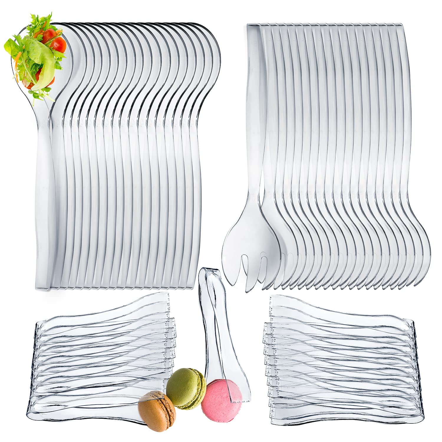 Set of 54 - Heavy Duty Disposable Plastic Serving Utensils, Four 10” Spoons and Forks, Four 6-1/2” Tongs,Clear
