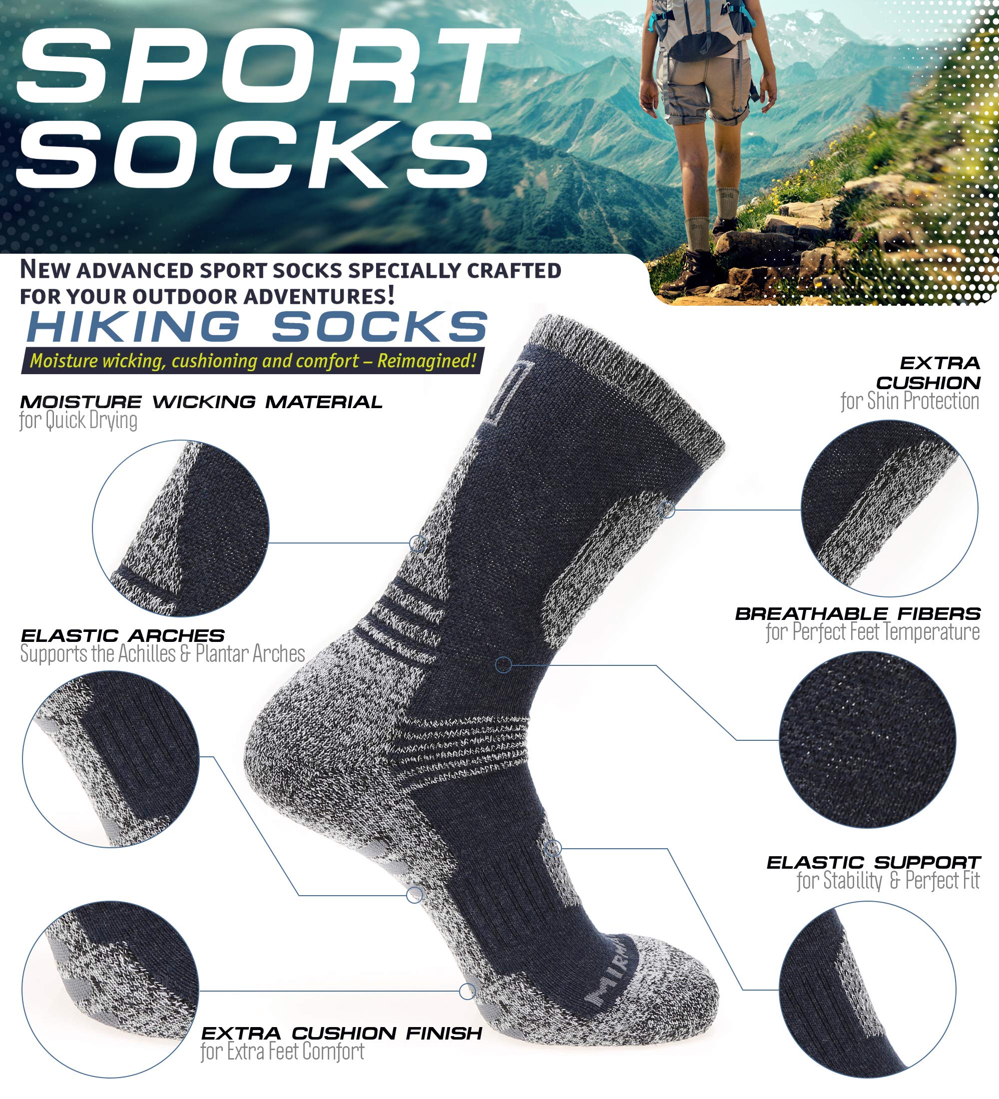 MIRMARU Men’s 5 Pairs Hiking Socks- Multi Performance Moisture Wicking Outdoor Sports Hiking Crew Socks (M252-LARGE)