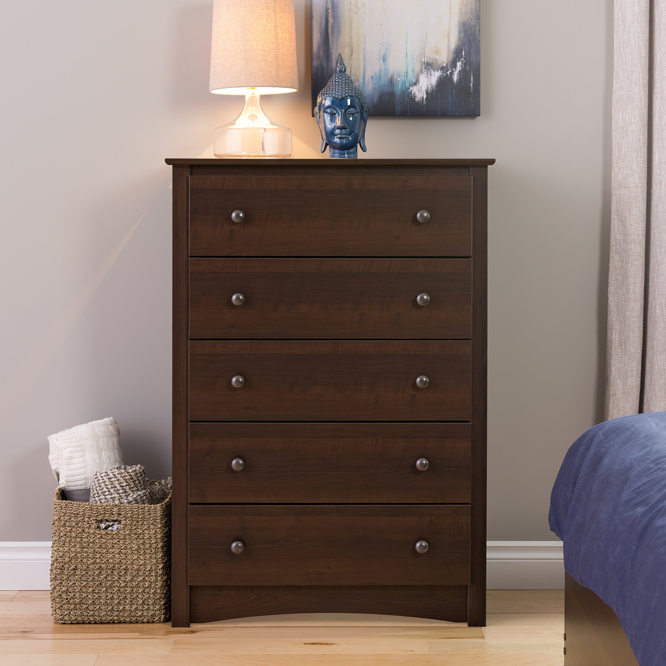 Prepac Full Mate's Platform Storage Bed with 6 Drawers, Espresso & Fremont 5 Drawer Chest, Espresso Brown