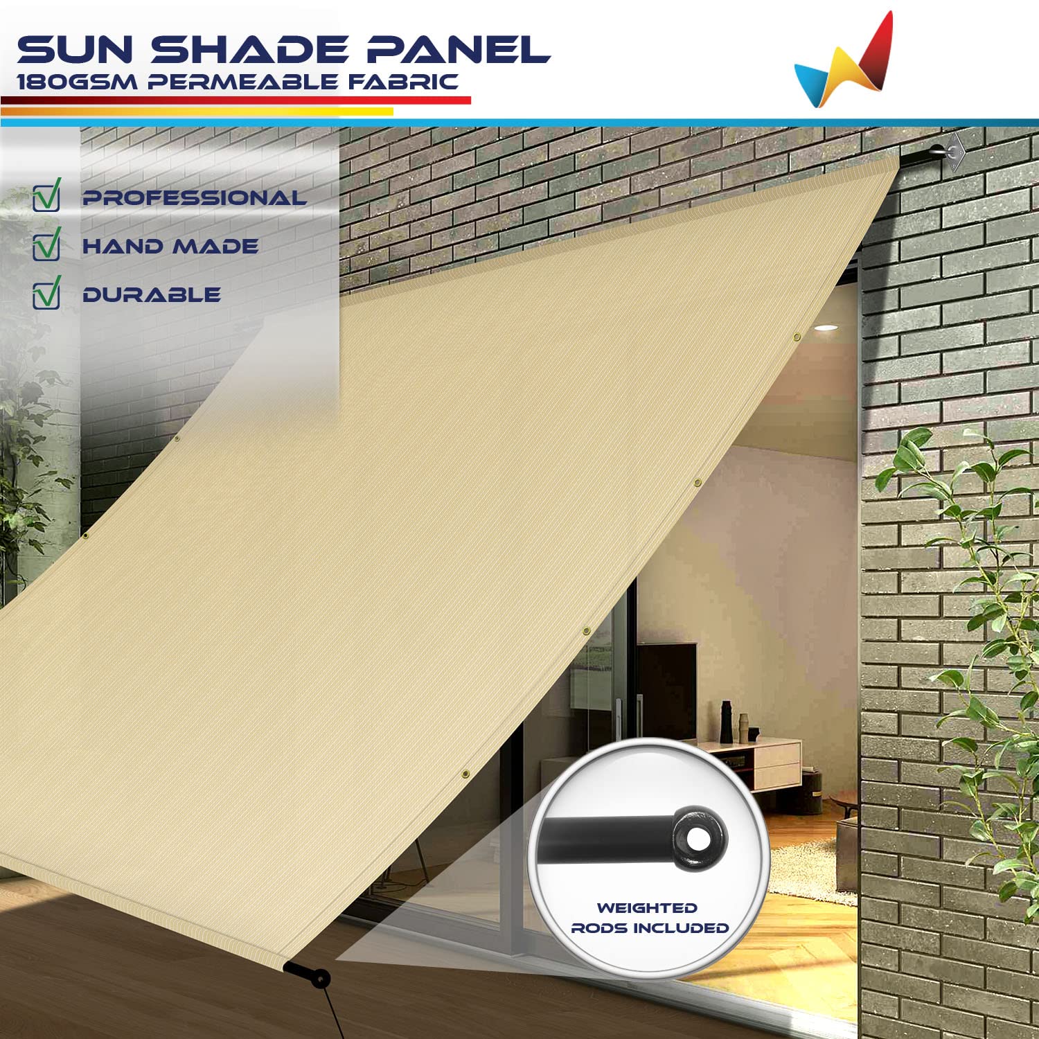 Windscreen4less 8β x 16β Universal Replacement Shade Cover Canopy for Pergola Patio Porch Privacy Shade Screen Panel with Grommets on 2 Sides Includes Weighted Rods Breathable UV Block Beige Tan