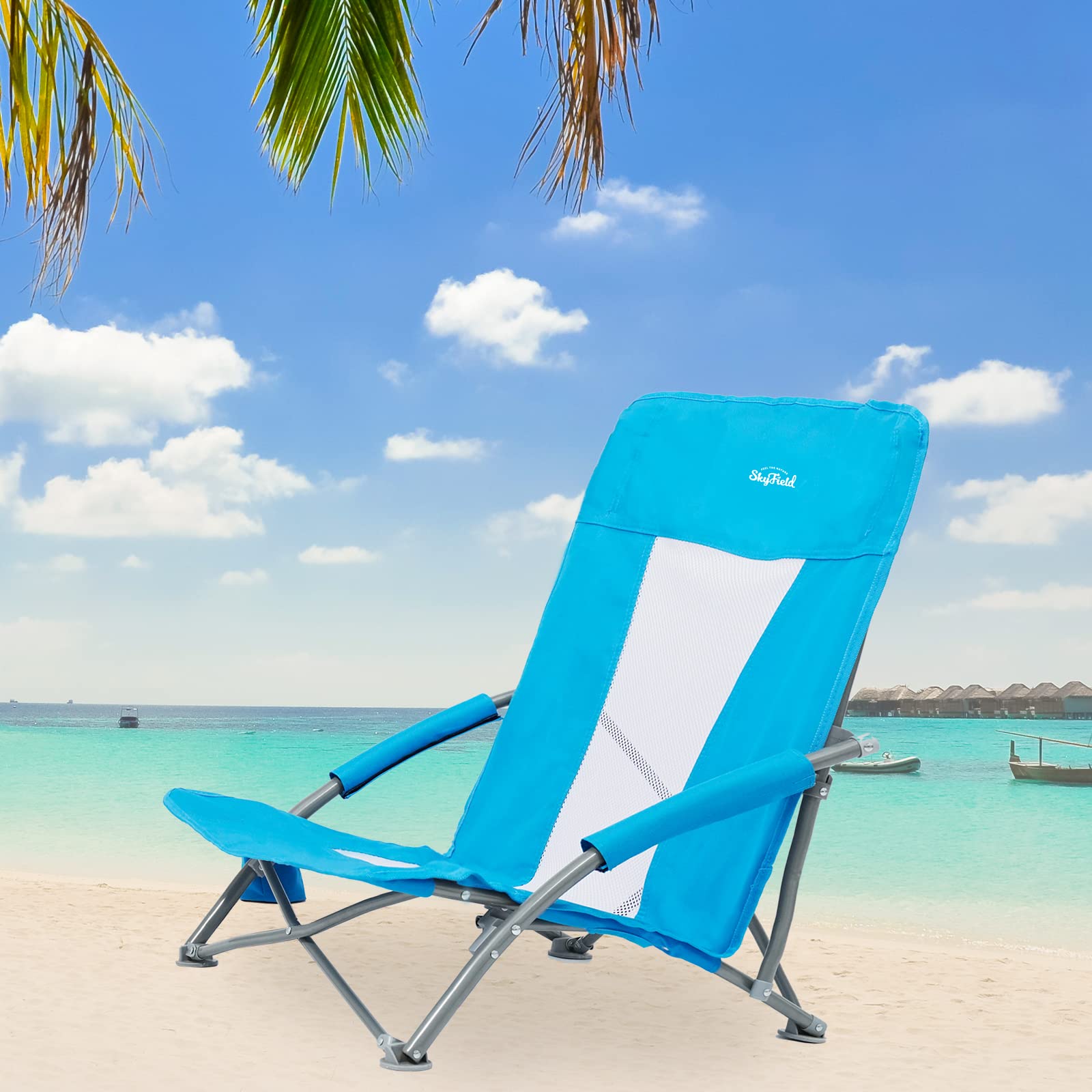 SKYFIELD 2 Pack Low Beach Chairs for Adults Ultralight Folding Chair Heavy Duty Beach Chair with Cupholder and Carry Bag