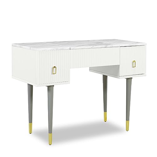 Lifeand 43.3" Modern Vanity Table Set with Flip-top Mirror and LED Light, Dressing Table with Customizable Storage, Marble-Style Stickers Tabletop, White+Gray