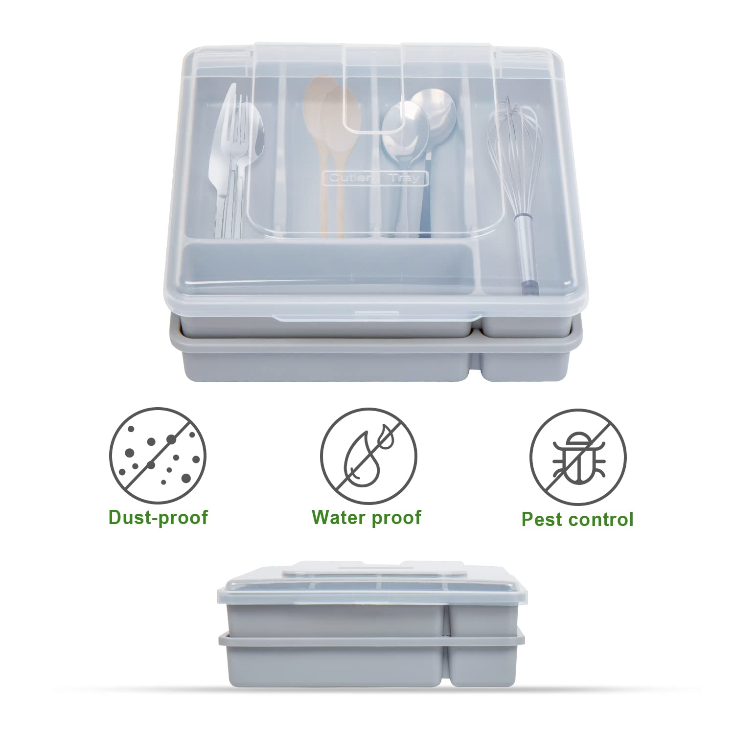QINOL Silverware Holder with Lid, Double Layer Utensil Tray with Cover Large Flatware Organizer Plastic Cutlery Container for Kitchen Drawer Countertop 10 Compartments, Grey