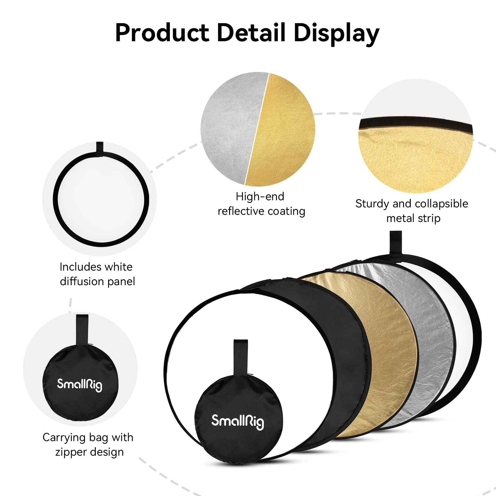 SmallRig 32" (80cm) Photography Reflector 5-in-1 Collapsible Circular Light Reflector, Translucent, Silver, Gold, White and Black, with Carrying Bag - 4128
