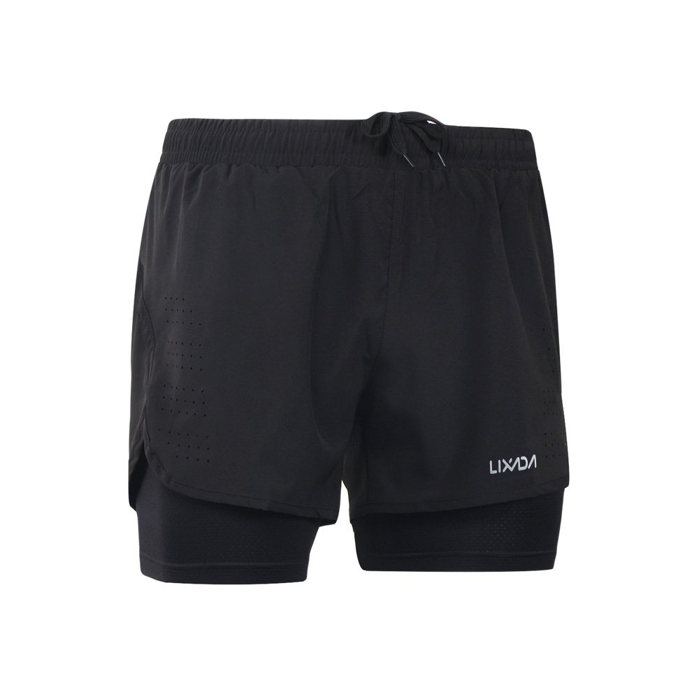 LIXADA Men's 2-in-1 Running Shorts Quick Drying Breathable Active Training Exercise Jogging Cycling Shorts (Black, L)