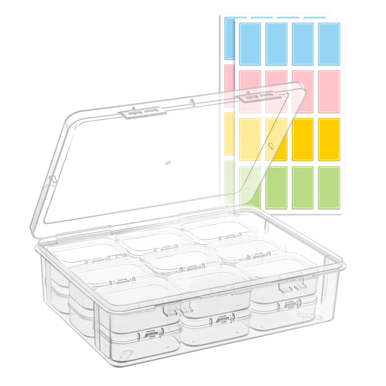 zoeynex Medium Plastic Organizer Boxes, 12 Clear Containers with Hinged Lids, for Beads, Jewelry, Crafts, Electronics, Hardware, School Supplies (32 Labels)