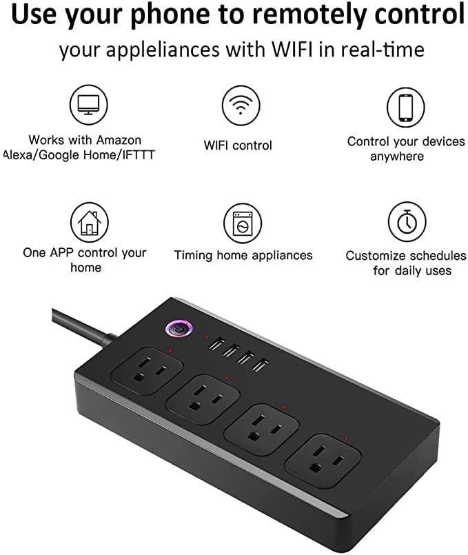 Smart Power Strip, UseeLink WiFi Surge Protector Compatible with Alexa & Google Home, Smart Plug with 4 USB Ports & 4 AC Outlets, Voice and Remote Control & Timer Schedule, 5ft Extension Cord,Black