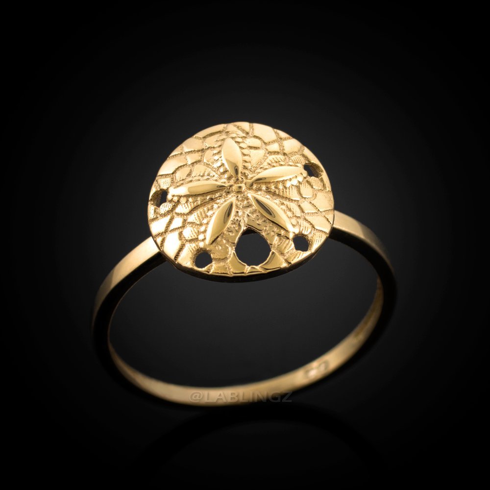 LA BLINGZ Dainty 10k Yellow Gold Sand Dollar Ladies Ring (Size 10)