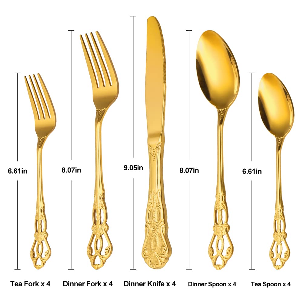 Retro Royal 20 Pieces Stainless Steel Silverware Set,Anti-rust Flatware Cutlery Set for 4,Luxury Kitchen Utensil Tableware Set Include Fork Spoon Knife,Mirror Polished Dishwasher Safe,Gold