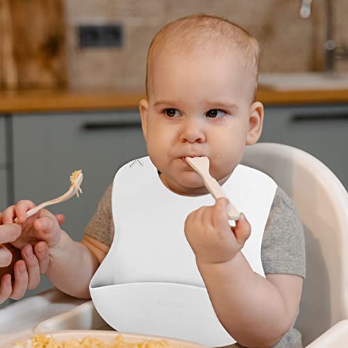vuminbox Silicone Baby Bib with 2 Holes for Paper Towel, Adjustable Fit Waterproof Soft Bibs for Babies & Toddlers (10-72 Months) (Cigar + Light Orange + White Snow)