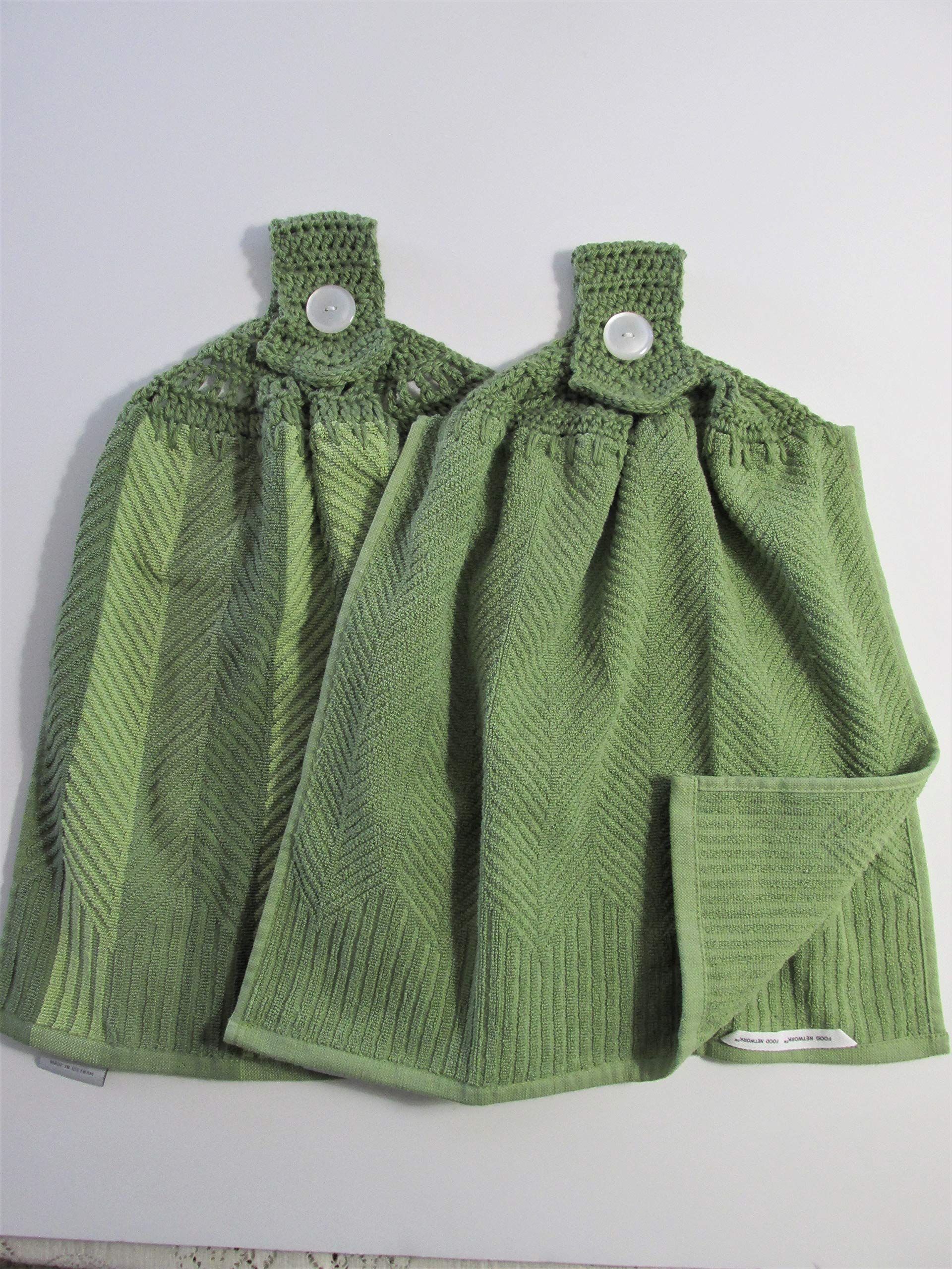 Set of 2 Green Doubled Chevron Design Hanging Kitchen Towels with Green Cotton Crochet Top - Best Quality
