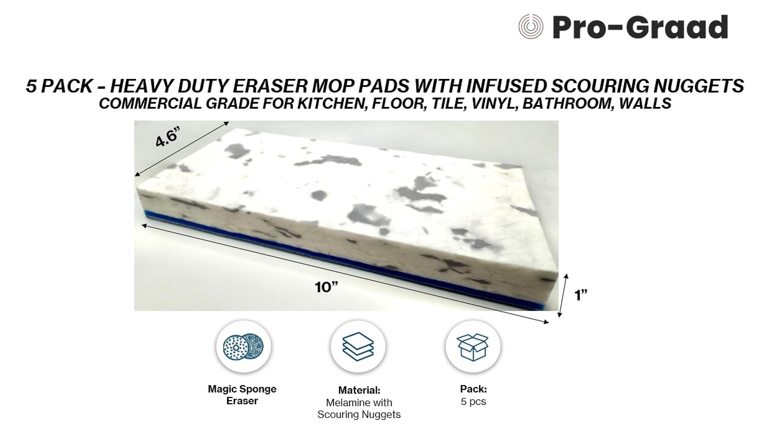 Magic Mopper 4.5" x 10" Heavy Duty Mop Floor Cleaning Eraser Pads Infused with Scouring Nuggets 10x Durability Commercial Grade Floor Baseboard Walls, Compare to Magic Eraser β Doodlebug Pad, 5 Pack