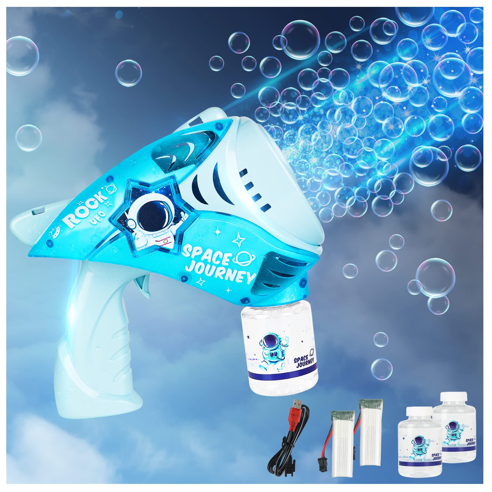 Rotokas Space Bubble Gun Automatic Bubble Machine - 10000+ Bubbles in 1 Minute - Durable Bubble Maker with LED Lights - 360-Degree Leak-Proof - Rechargeable Bubble Blower Sets for Kid and Adult - Blue
