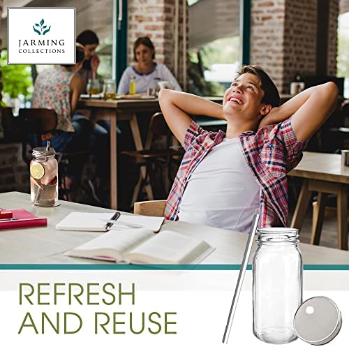 Reusable Boba Bubble Smoothie Cup Regular Mouth 24 oz Glass Mason Jar with Wide STAINLESS STEEL Straws Boba Cup and Lid and Straw-Drinking Lid- 100% ECO FRIENDLY by Jarming Collections