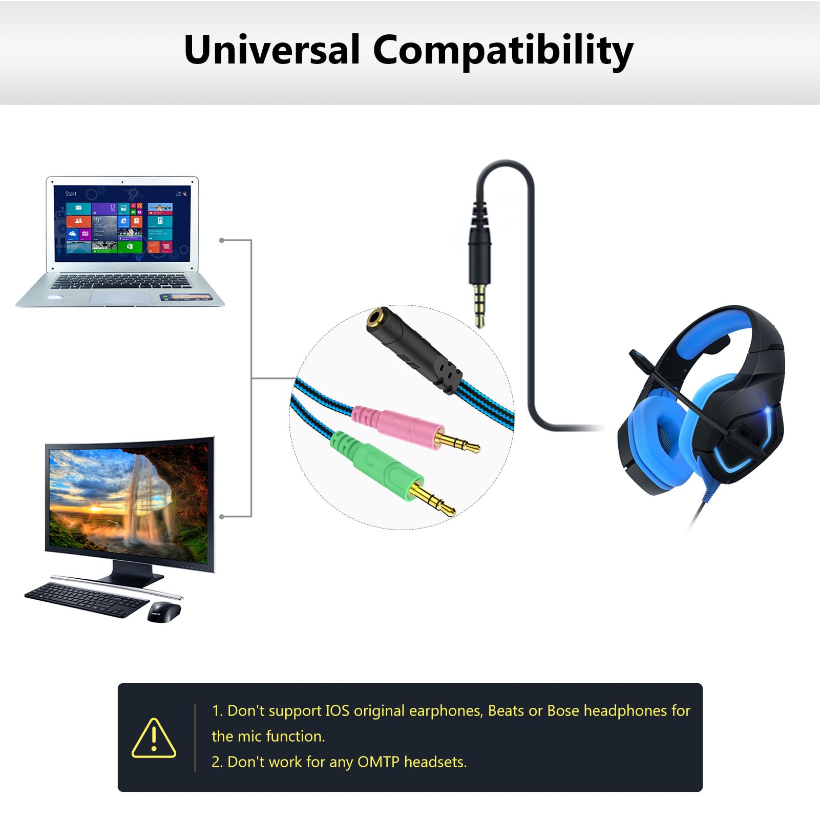 MillSO Headset Splitter 3.5mm Jack 3.5mm Female to Dual 3.5mm Male Splitter Adapter for Computer CTIA Headset Mic and Audio Splitter Cable for TRRS Gaming Headset to PC - 8inch/20cm Blue