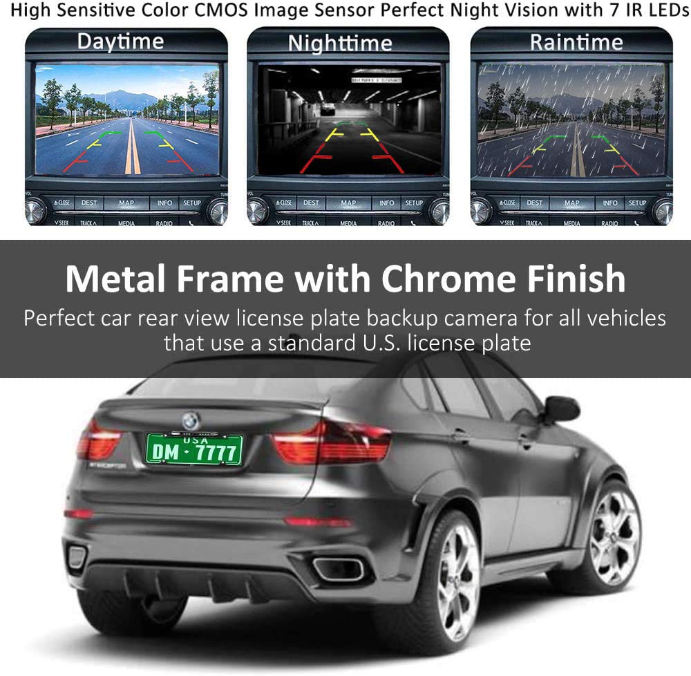 License Plate Frame Backup Camera Night Vision Car Rear View Camera 170° Viewing Angle Waterproof High Sensitive Universal 7 Bright LED Reversing Car Camera Upgrade Version