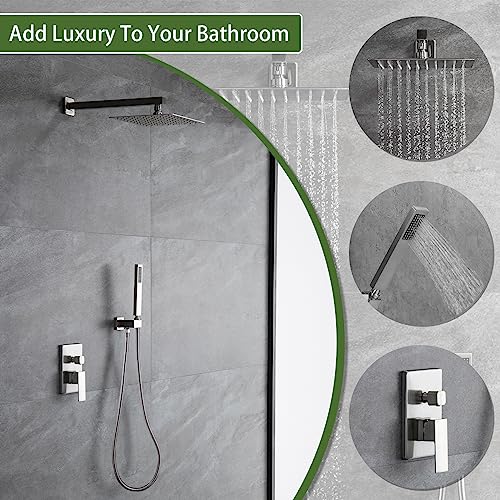 TapLong Brushed Nickel bathroom Luxury Shower System Wall Mounted Shower Faucet Set With High Pressure 10β Square Rain Shower Head and Handheld Shower Head(Rough-In Valve Body and Trim Include)