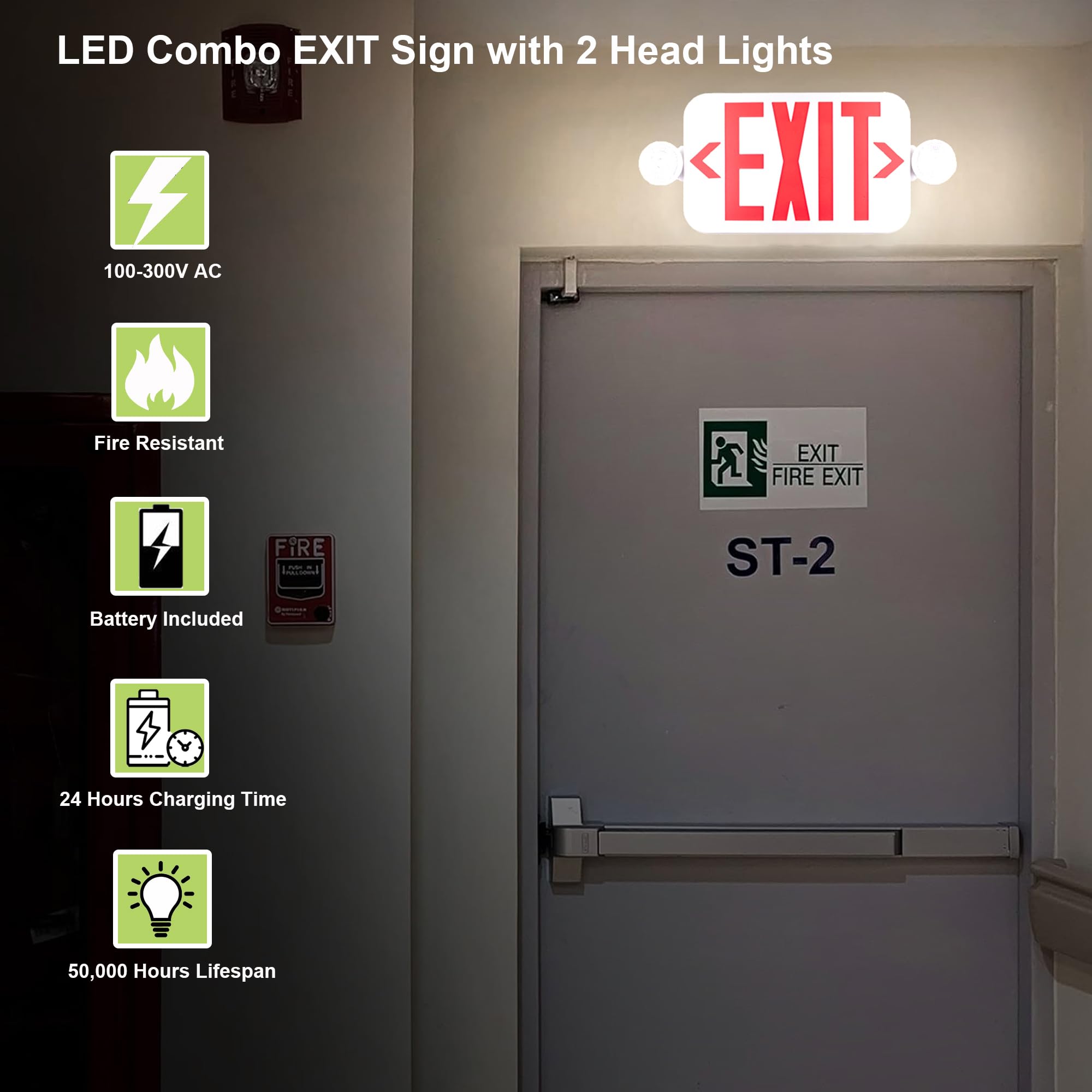 LIT-PaTH LED Combo EXIT Sign with 2 Adjustable Head Lights and Back Up Batteries- US Standard Red Letter Emergency Exit Lighting, UL 924 and CEC Qualified, 120-277 Voltage, 4-Pack