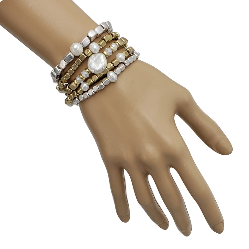 Rosemarie & Jubalee Women's Set of 5 Stacking Chunky Nugget Freshwater Pearl Beaded Stretch Bracelets, 6.5" (Matte Gold Tone)