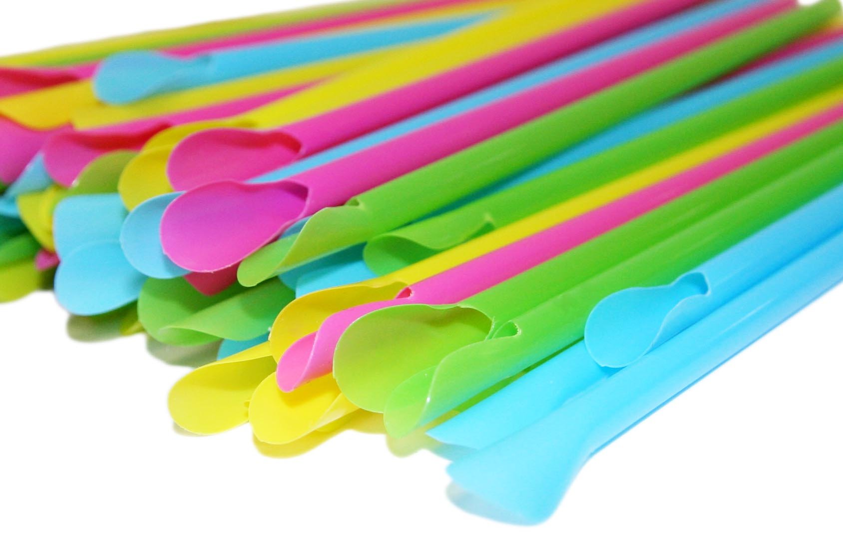 Set of 200 SNO-Cone Straw Spoons! Bright Colors - 8"x.25"- Perfect for Milkshakes, Shaved Ice, Kid's Parties, Root Beer Floats and More!