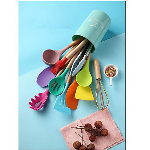 LMMDP 15 Piece Set of Cooking Green Silicone Kitchenware Shovel Spoon Kitchenware Tool Spoon Storage Bucket Set