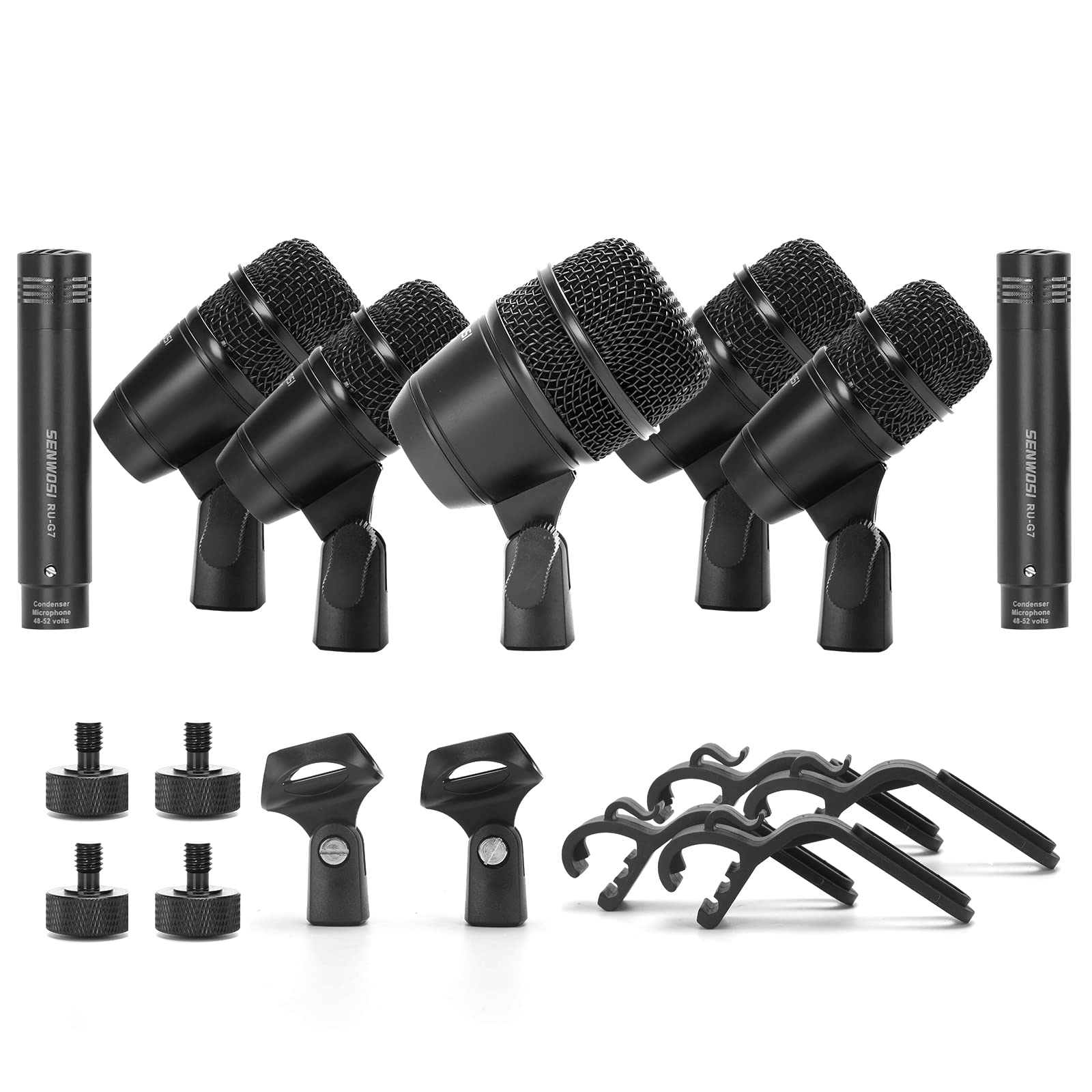 SENWOSI 7 Piece Metal Wired Dynamic Drum Mic Kit Kick bass, Tom/Snare Drum and cymbal mics for Performing and Recording Drummers - Comes with, Stand, Thread clamp, etc(G-7)