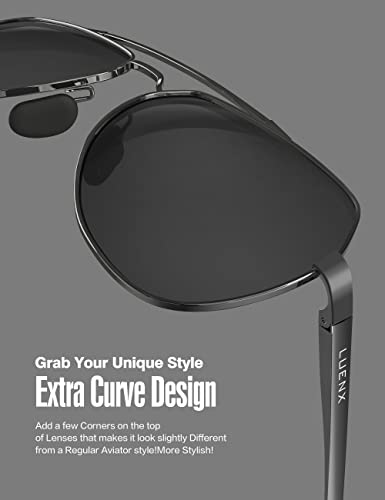 LUENX Men Women Aviator Sunglasses Polarized Shades Flexible Spring Hinge - Black Lens Gunmetal Metal Frame 60mm