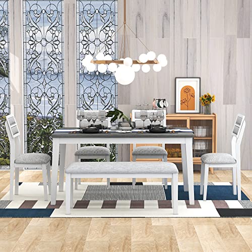 Woanke 6 Piece Dining Set, Including Wood Dinette Table and 4 Upholstered Chairs and a Bench with Cushion, Classic Traditional Style, White+Gray