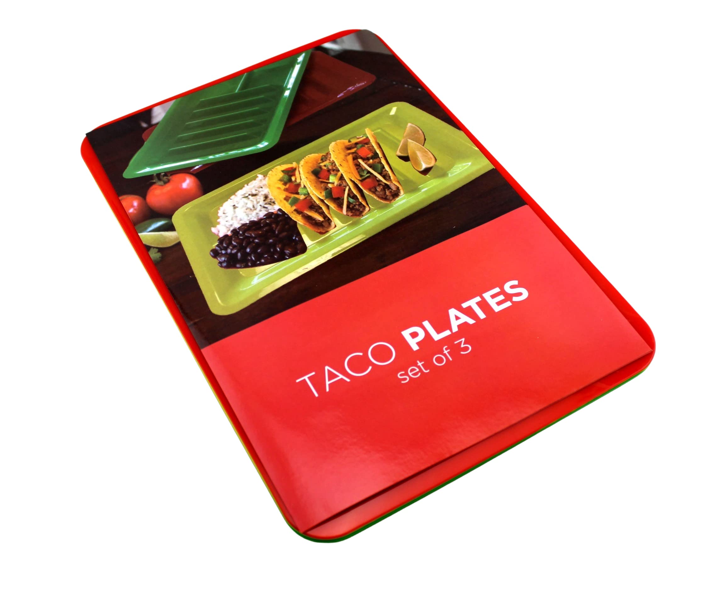 Set of Three Taco Holder Stand Up Divider Plates Multi Colored Party Taco Night Food Safe BPA Free Plastic Plate Set for Soft and Hard Shell Tacos