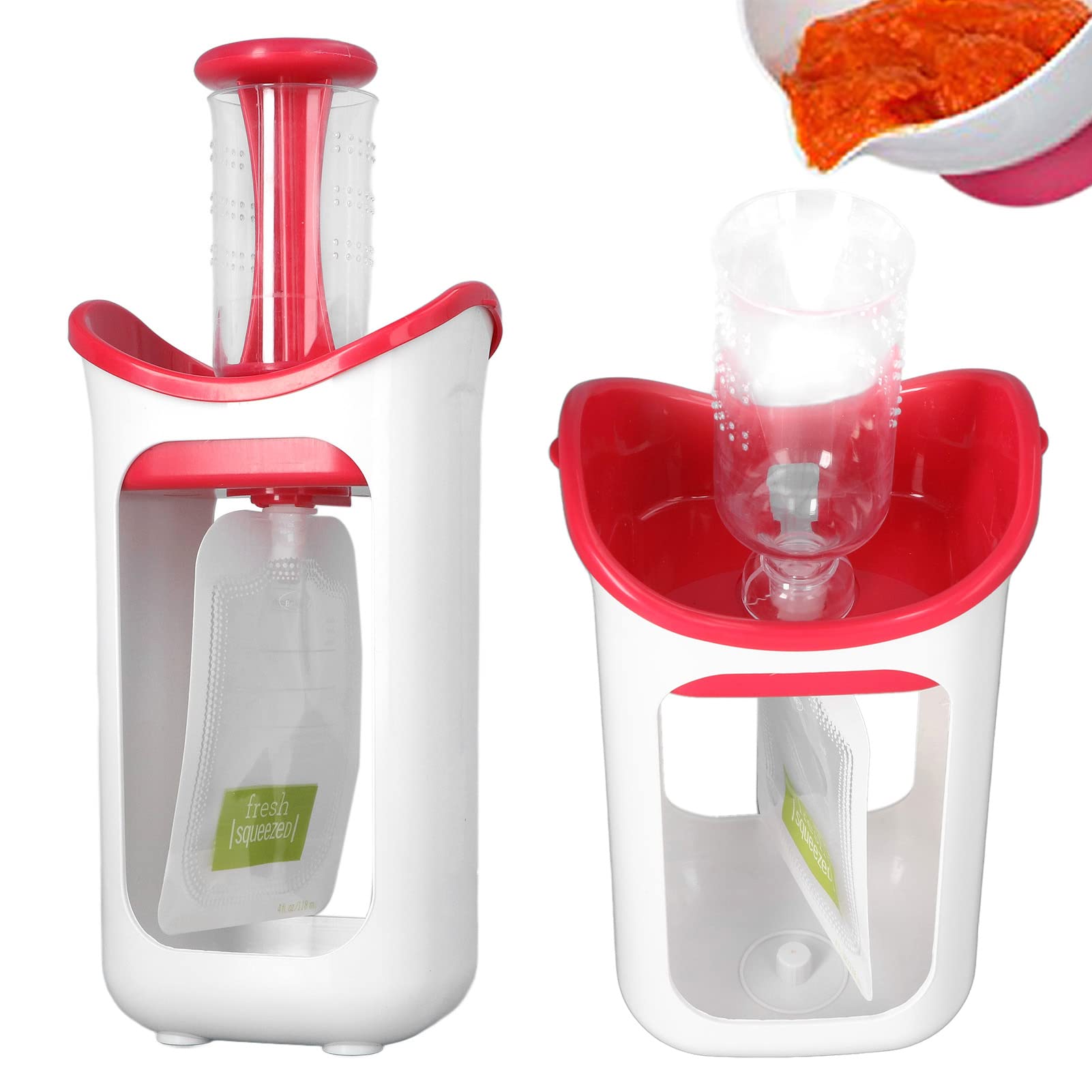 WALFRONT Baby Squeeze Station Portable Fruit Puree Squeezer Infant Baby Food Maker with 10pcs Squeeze Subpackage Bag Home Kitchen Tools (Red)