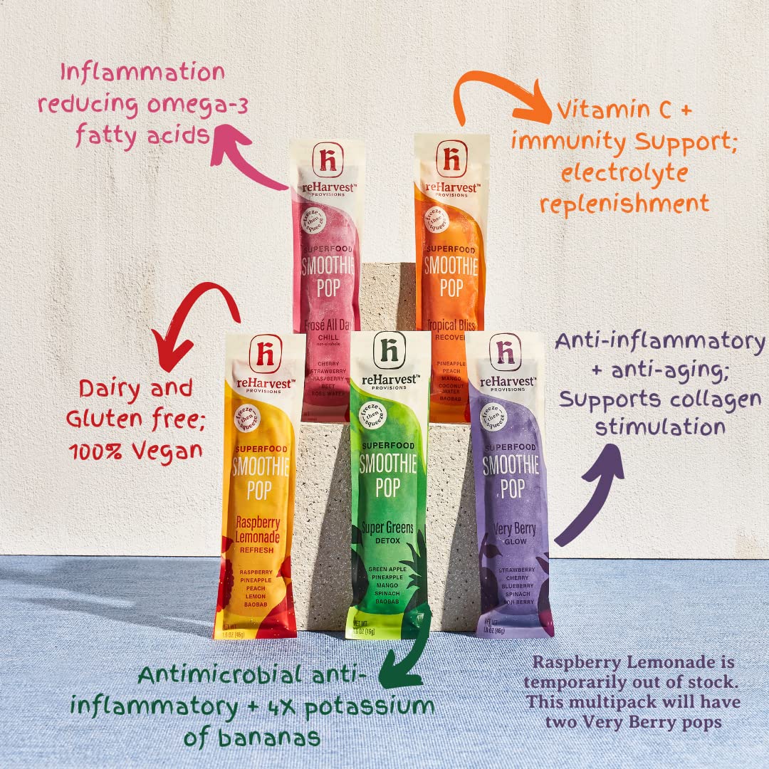 Re-Harvest Provisions Smoothie Pops | Multi-pack 5 pack | Frozen Fruit + Vegetables + Superfoods | Dairy-Free, Vegan, Gluten-Free, No Sugar Added | Eco-Friendly and Zero Waste | 1.6oz each