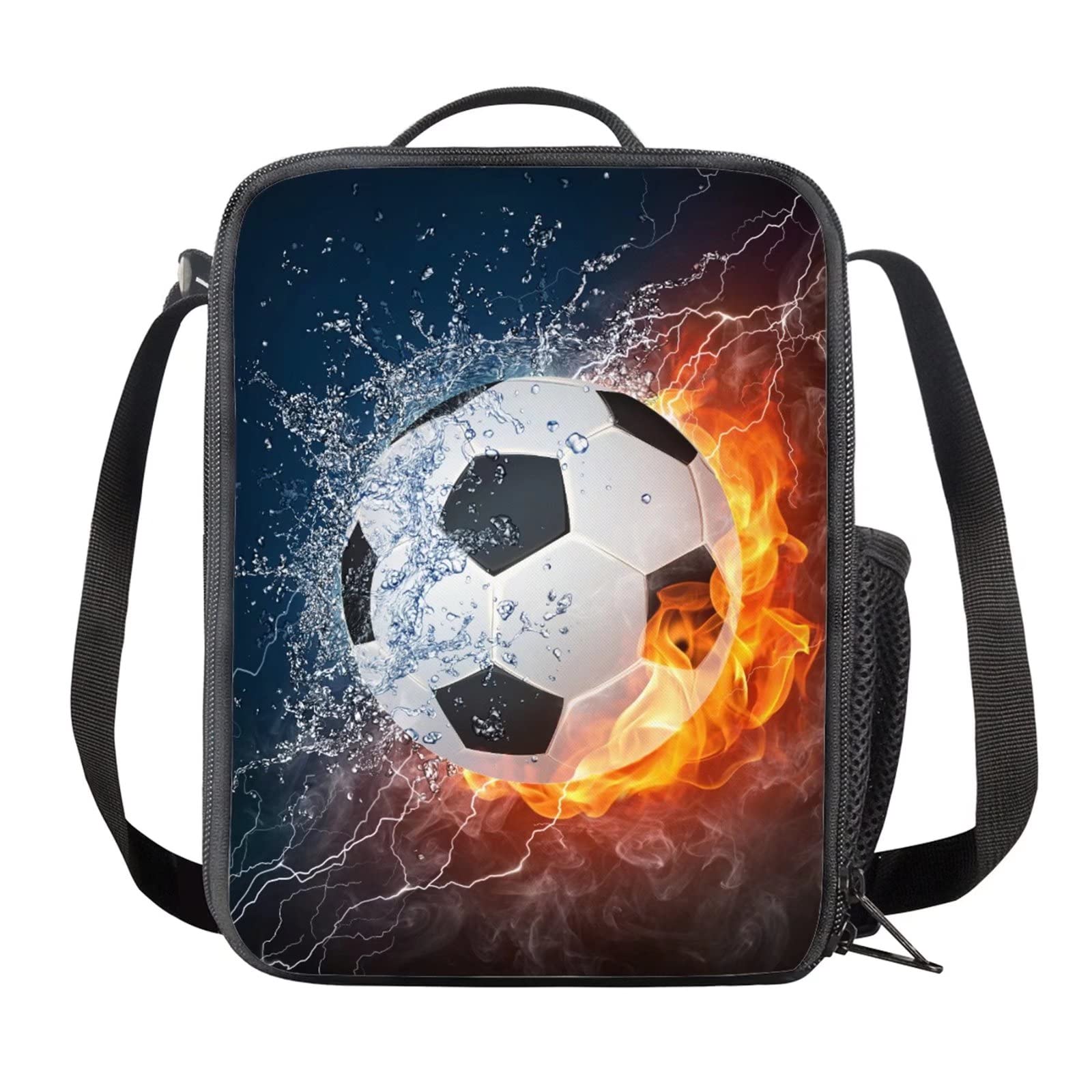 Snilety Fire Water Soccer Pattern Lunch Box for Boys Kids,Leak-proof Lunch Bag Cooler Tote Bag,Large Tops Handle Lunchbox for School/Office/Beach Meal Holder