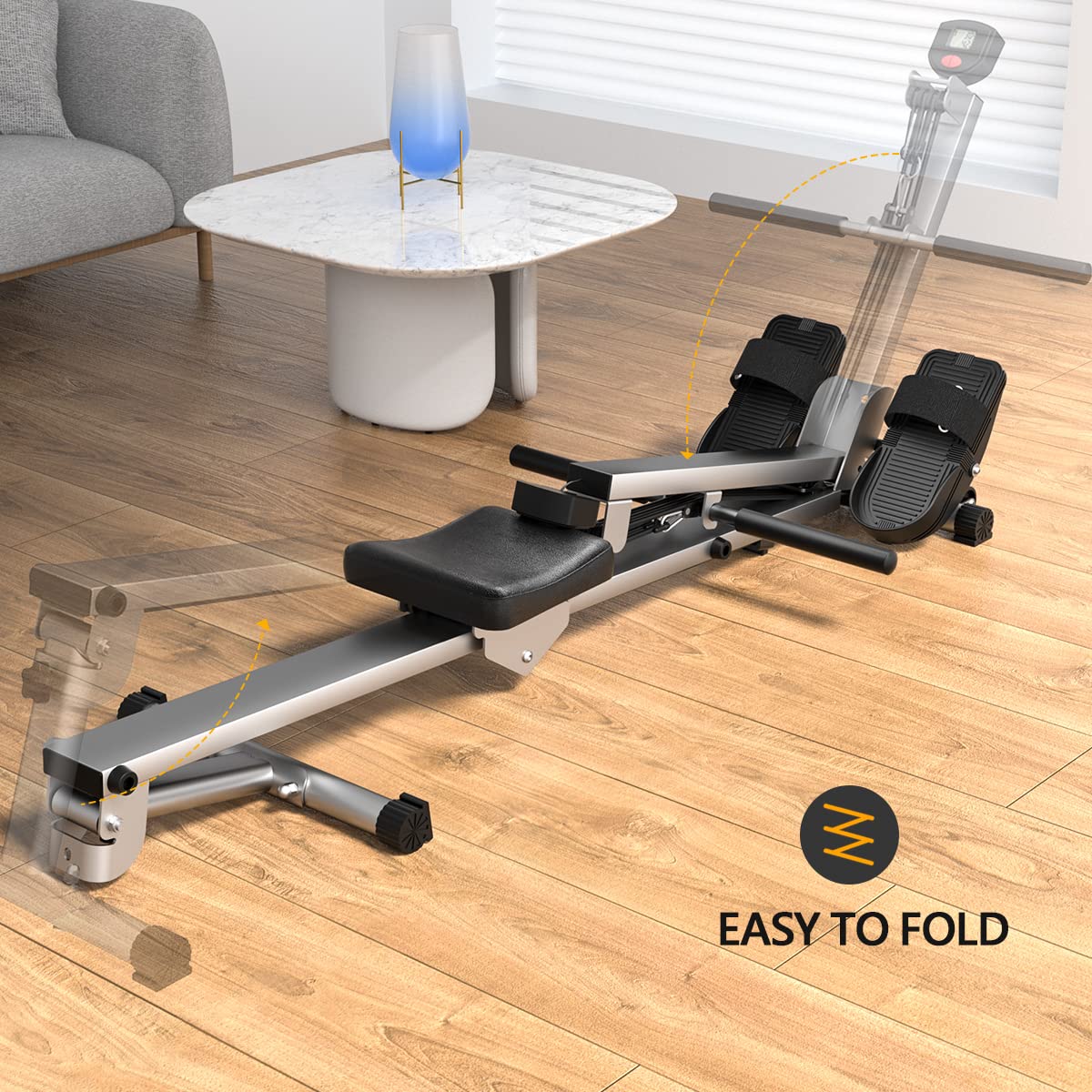 Rowing Machine, HOMGIM Folding Rowing Machines 300 LB Weight Capacity, Rower Foldable for Home Quiet Resistance with LCD Monitor and for Cardio Training