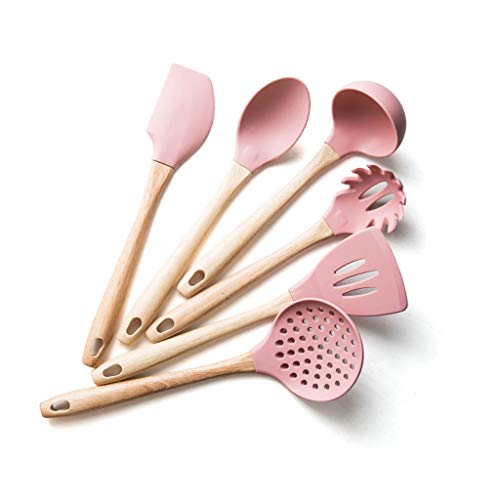 LMMDP Silicone Kitchen Set Cooking Tool Utensils Set Spatula Soup Spoon with Wooden Handle Special Heat-resistant Design