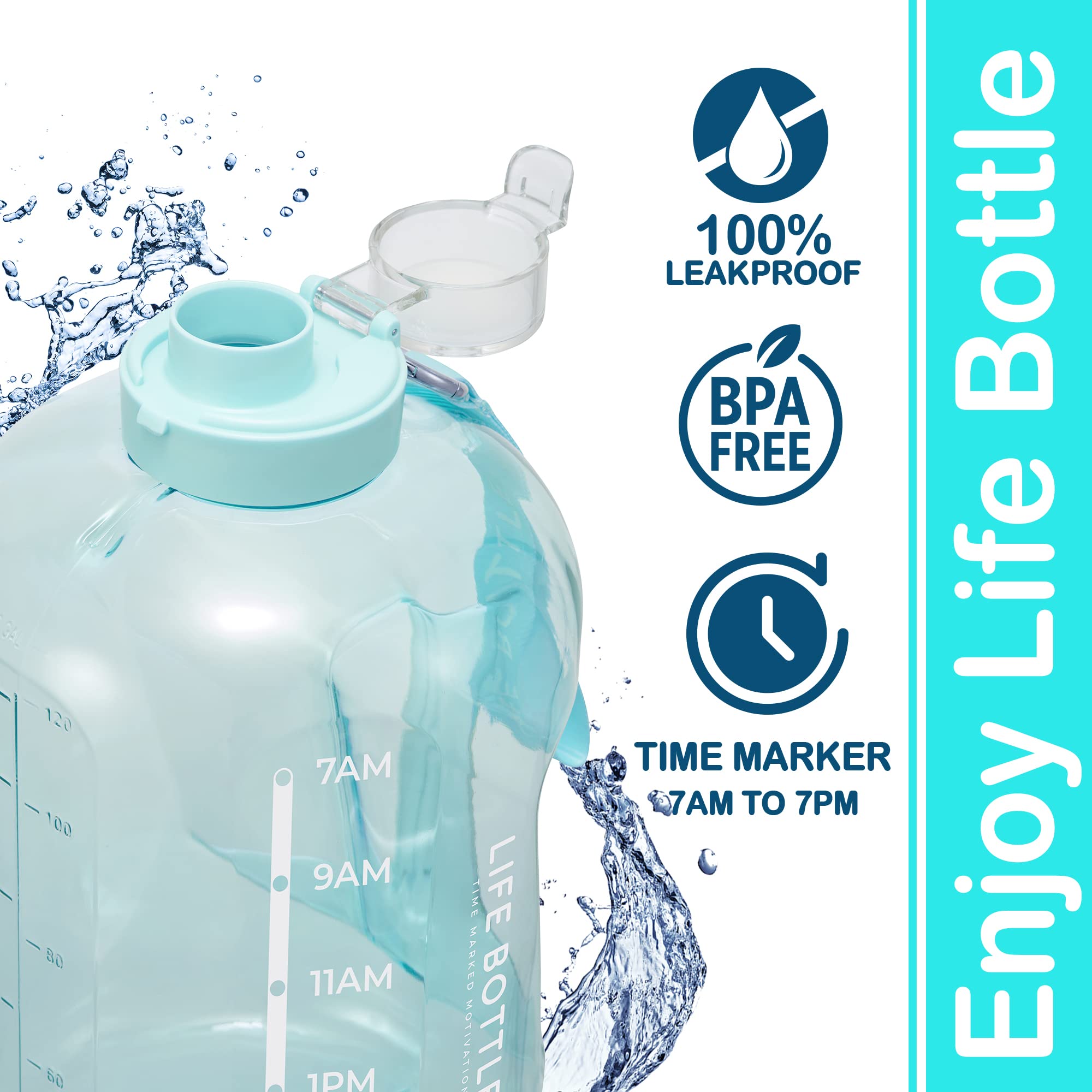 Life Bottle 1 Gallon Water Bottle with Straw Lid and Chug Lid, Big Leakproof Water Jug with Time Marker, No Quotes. 128 oz Water Bottle with Handle and Straw, BPA Free