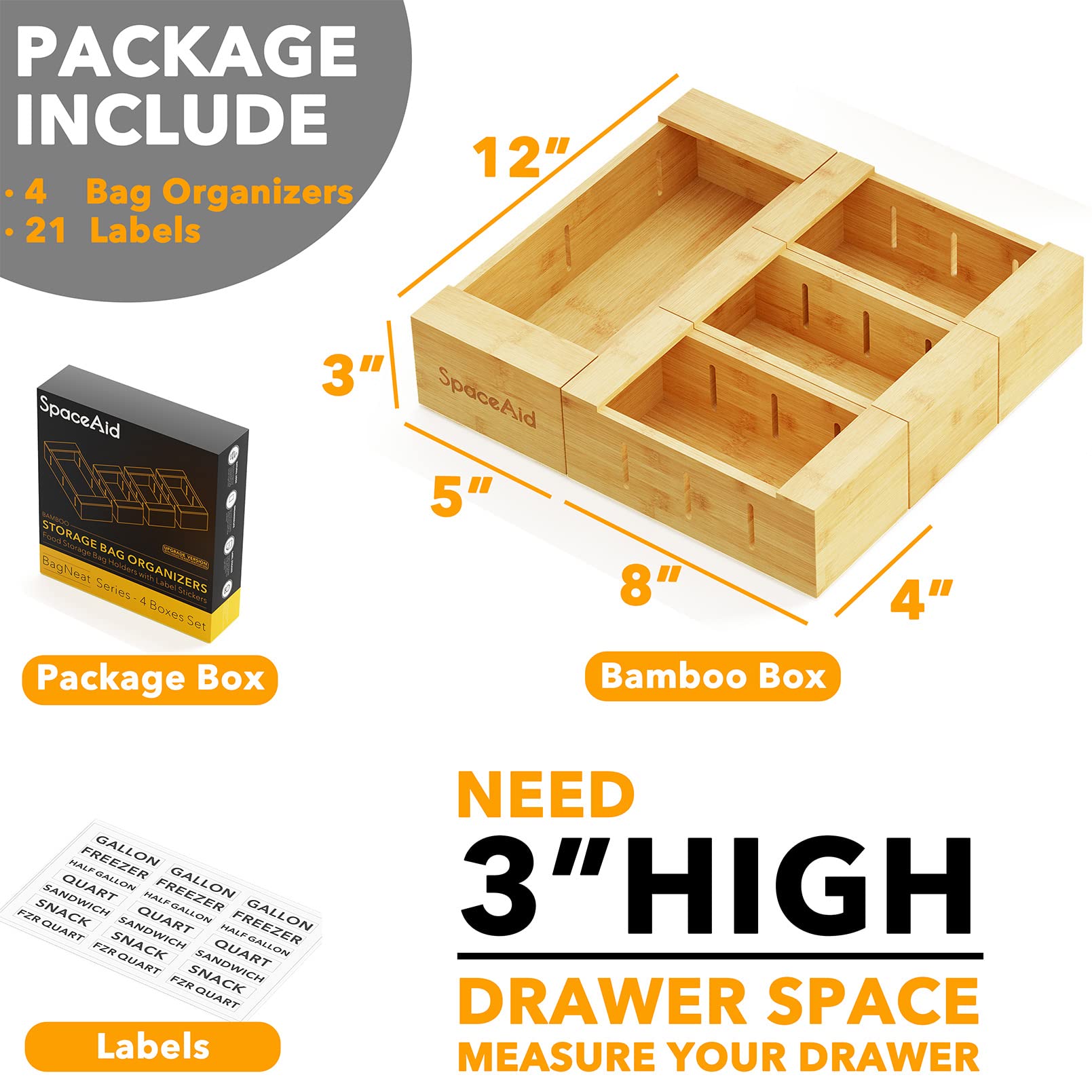 SpaceAid Bag Storage Organizer for Kitchen Drawer, Bamboo Organizer, Compatible with Gallon, Quart, Sandwich and Snack Variety Size Bag (4 Pack)