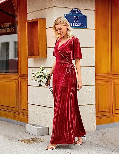 MEROKEETY Women's Velvet Maxi Dress 2024 Boho Wrap Cocktail Party Wedding Guest Formal Dresses, Red, Large